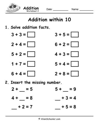 Addition Within 10 Worksheets For Kindergarten Pdf