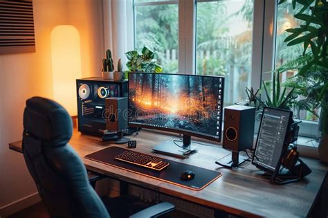 A Cozy Home Office Setup Featuring Dual Monitors Speaker System And