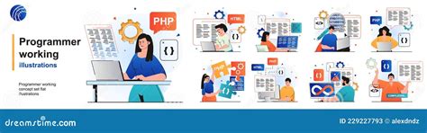 Programmer Working Isolated Set Devops Coding Stock Vector