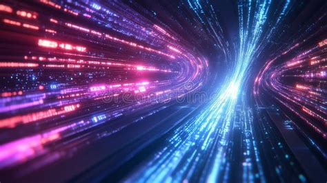 Digital Technology Background With Glowing Light Streaks And Binary Code In Blue Stock