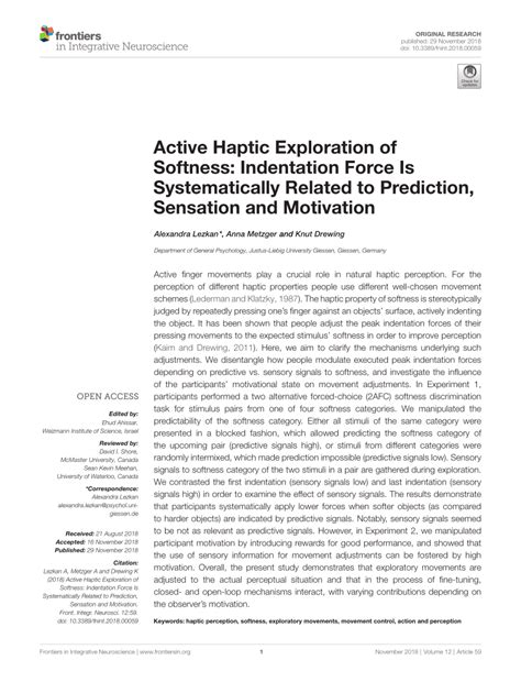 Pdf Active Haptic Exploration Of Softness Indentation Force Is