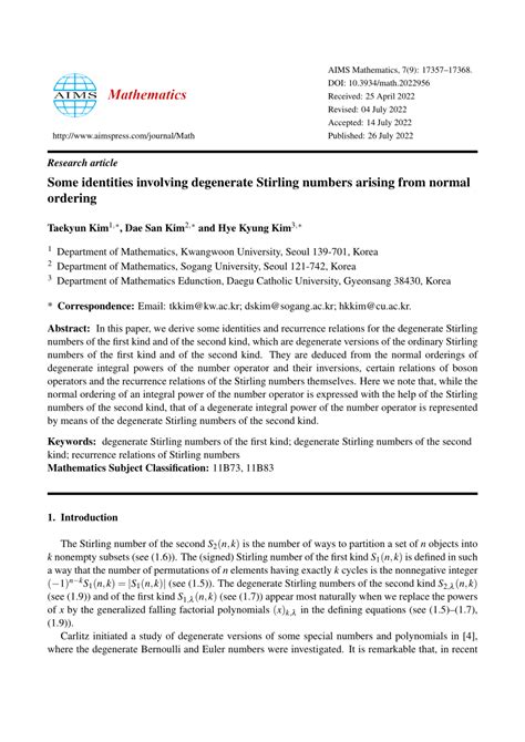 Pdf Some Identities Involving Degenerate Stirling Numbers Arising From Normal Ordering