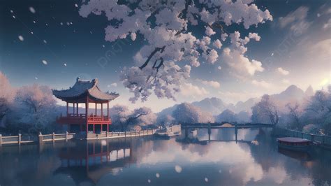 복숭아 꽃 호수 다리 파빌리온 중국 스타일 풍경 정자 배경 일러스트 및 사진 무료 다운로드 Pngtree