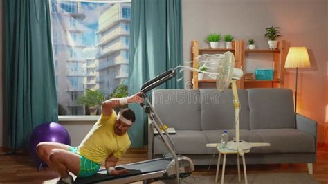 Funny Athlete With A Mustache Running And Falling Treadmill In The