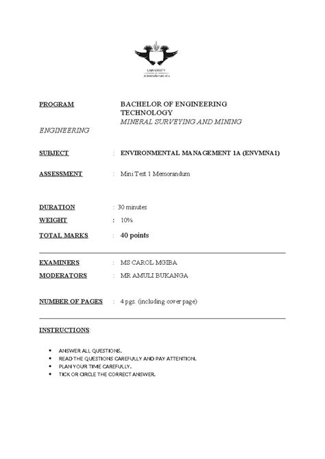 Mini Test 1 Memo Mini Test Memo Program Bachelor Of Engineering Technology Mineral Surveying