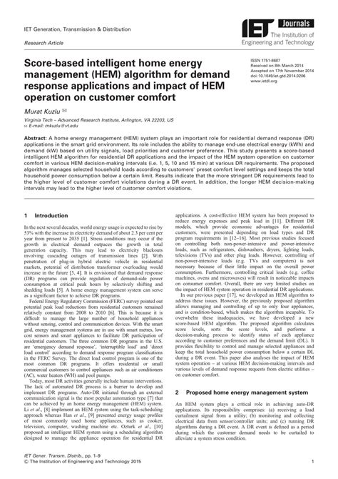 Pdf Score Based Intelligent Home Energy Management Hem Algorithm