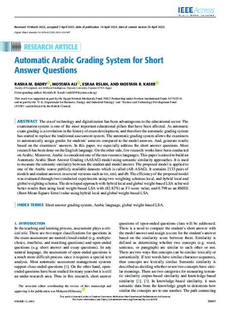 Pdf Arabic Automatic Grading For Short Answers
