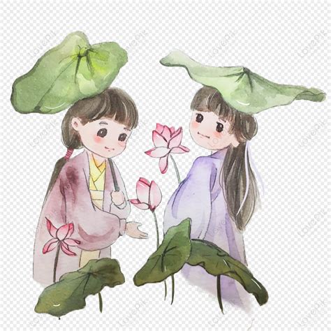 로터스 잎을 들고 소녀 Png 일러스트 무료 다운로드 Lovepik