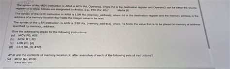 Solved The Syntax Of The Mov Instruction In Arm Is Mov Rd