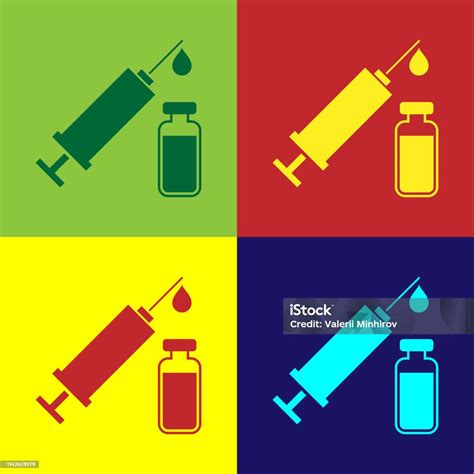 컬러 배경에 고립 된 바늘과 유리병 또는 앰 플 아이콘이 있는 의료용 주사기 색상 예방 접종 주사 백신 인슐린 개념 벡터 일러스트 0명에 대한 스톡 벡터 아트 및 기타