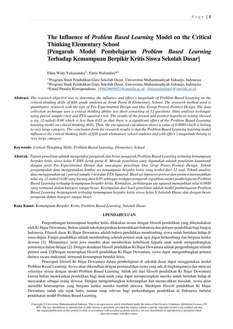 pdf influence of problem based learning model on the critical