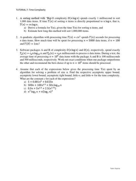 Its62604 Tutorial 7 General Problem Solving Time Complexity Pdf