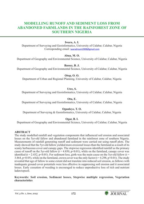 Pdf Modelling Runoff And Sediment Loss From Abandoned Farmlands In The Rainforest Zone Of