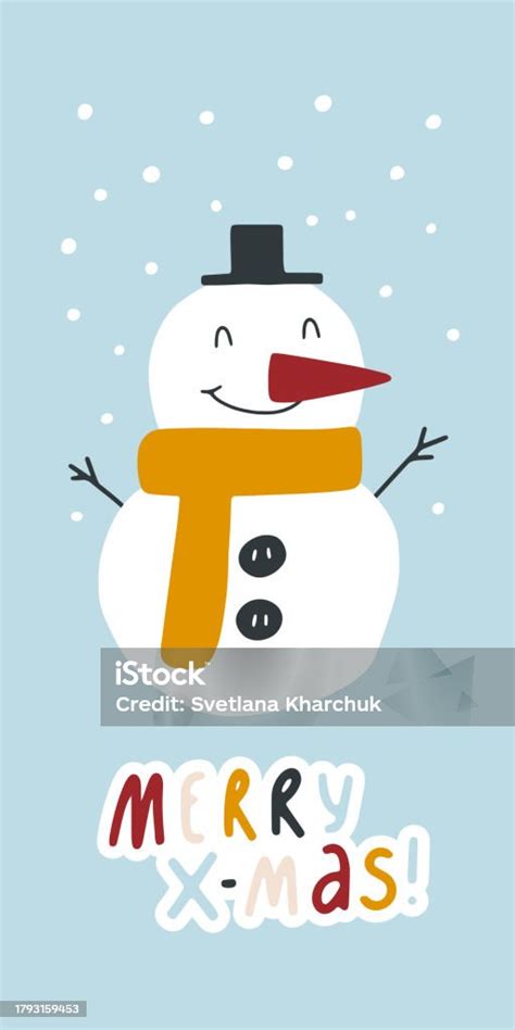 크리스마스 수직 엽서 배너 눈사람 메리 크리스마스 레터링 간단한 손으로 그린 현대 아이 스타일의 재미있는 귀여운 캐릭터 벡터 일러스트 레이 션 에서 한정된 추세 팔레트 0