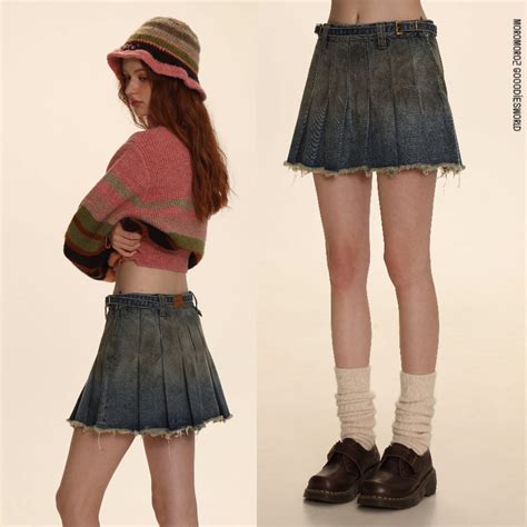 구디즈월드 Moromoro2 모로모로2 스커프 데님 플리츠 주름 미니 스커트 레트로 빈티지 무드 위시버킷