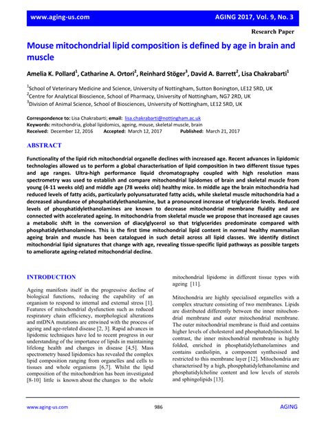 Pdf Mouse Mitochondrial Lipid Composition Is Defined By Age In Brain