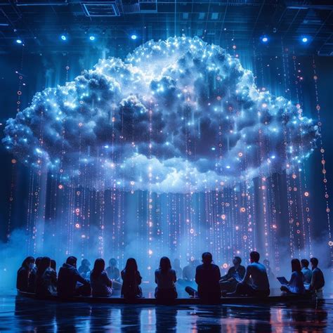 Group Observing Futuristic Binary Cloud Premium Ai Generated Image