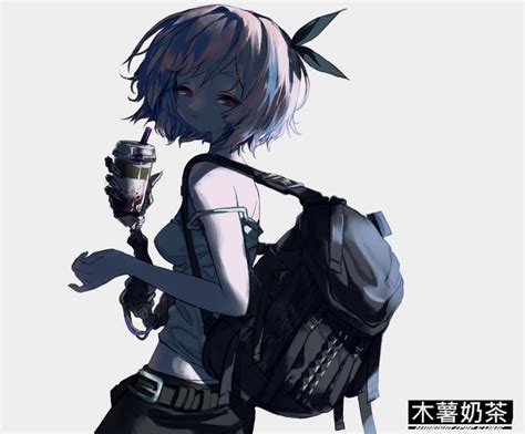 Original Highres Translation Request 1girl Backpack Bag Bare Shoulders Black Bag Black