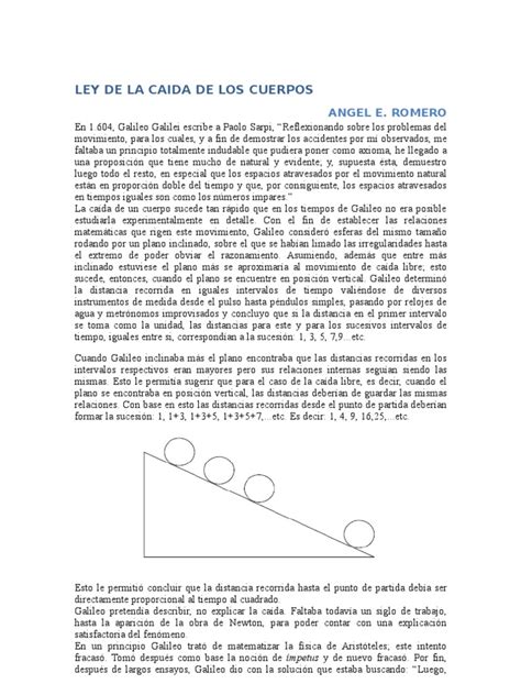 Ley De La Caida De Los Cuerpos Pdf Movimiento Física Galileo