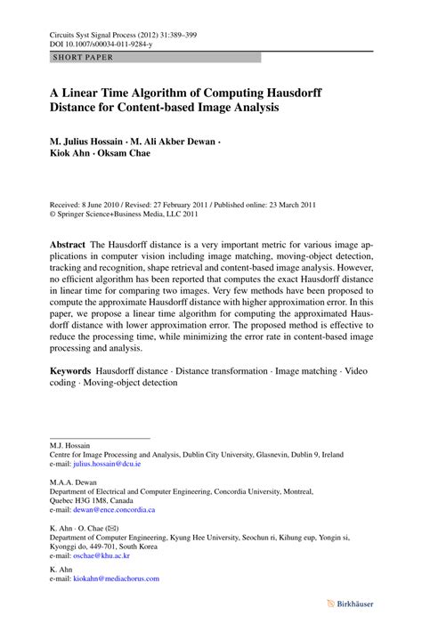 Pdf A Linear Time Algorithm Of Computing Hausdorff Distance For
