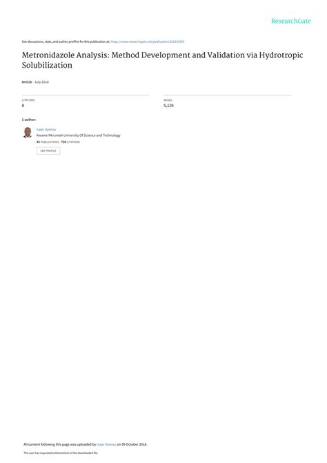 Pdf Metronidazole Analysis Method Development And Validation Via Hydrotropic Solubilization