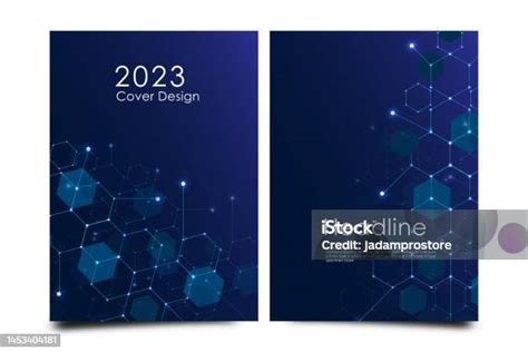 브로셔 표지 배너 전단지 연례 보고서 전단지에 대 한 현대 벡터 템플릿입니다 육각형 연결 선 및 점이있는 추상 미술 구성 파란색 배경에 대한 스톡 벡터 아트 및 기타 이미지