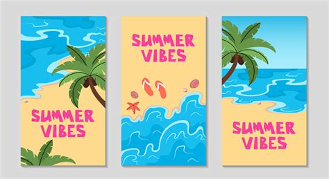 여름 긴 배경 세트입니다 바다 파도와 야자수 열대 휴가 안녕하세요 여름 레터링입니다 개체 그룹에 대한 스톡 벡터 아트 및 기타 이미지 개체 그룹 계절 공휴일 Istock