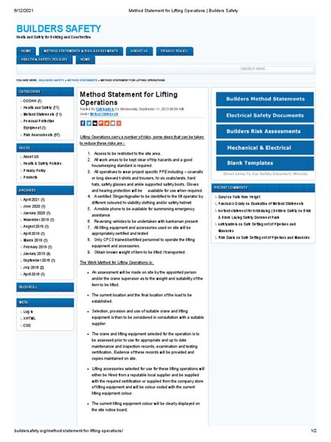 Method Statement For Lifting Operations Builders Safety Pdf Personal Protective Equipment