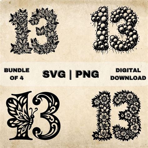 Number 13 Svg Bundle 13th Birthday Clipart Hand Drawn Thirteen Themed