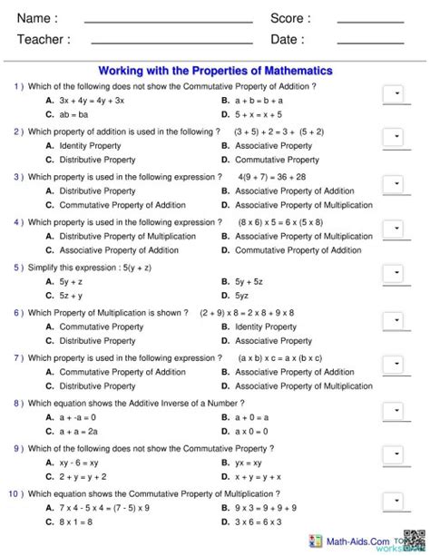 Algebraic Properties Worksheet Interactive Worksheet Topworksheets