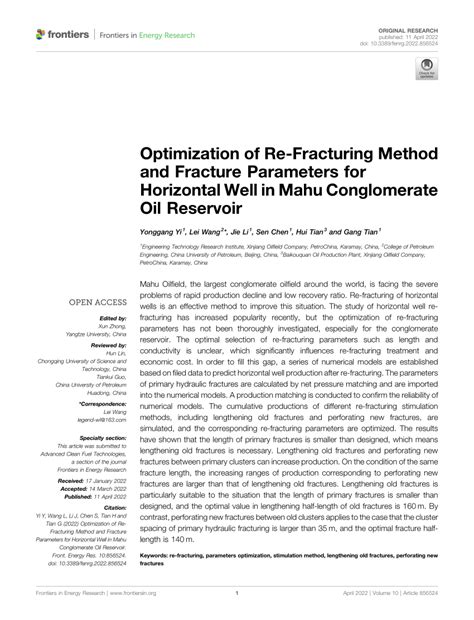 Pdf Optimization Of Re Fracturing Method And Fracture Parameters For Horizontal Well In Mahu