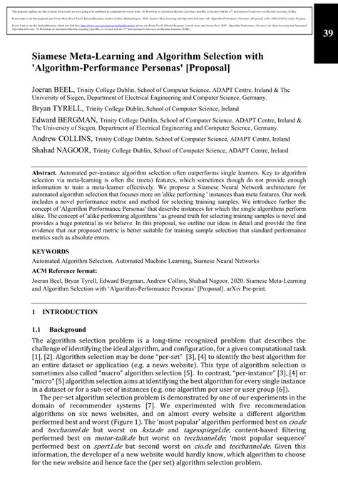 Pdf Siamese Meta Learning And Algorithm Selection With Algorithm Performance Personas Proposal