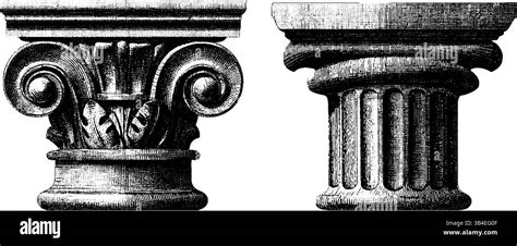Detailed Engraving Set Of Classical Stone Capitals And Decorative