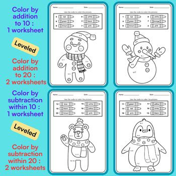 Winter Color By Number Addition And Subtraction Within 10 20 Color By Number