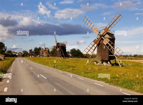 Windmills Of The Class Post Mills At Lerkaka Along Side The Road Located In The Swedish Province