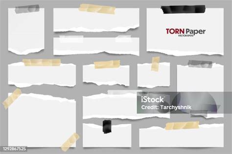 흰색 찢어진 종이 스트립 컬렉션 찢어진 가장자리와 접착제 테이프로 사실적인 종이 스크랩 스티커 노트 노트북 페이지의 조각 벡터 일러스트레이션 0명에 대한 스톡 벡터 아트 및