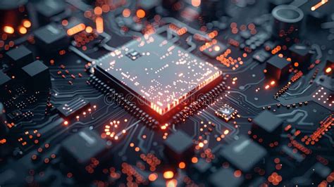Closeup Of A Modern Microprocessor Or Chip On A Motherboard Surrounded