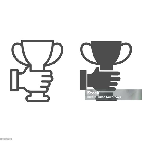 핸드 홀딩 트로피 컵 라인과 단단한 아이콘 스포츠 컨셉 흰색 배경에 황금 고블 사인 모바일 컨셉과 웹 디자인을위한 윤곽 스타일컵 아이콘 벡터 그래픽 Championship에