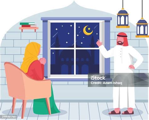 아버지의 지혜 딸과 이슬람 가르침을 공유하는 개념 사우디 남자 아내 벡터 아이콘 디자인 라마단 이드 알 피트르 배너 이슬람 금식 달 장면 아랍 휴일 그림에 몸짓