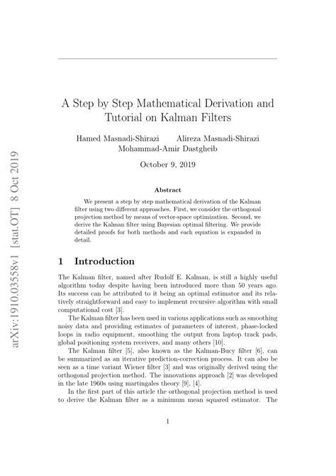 Pdf A Step By Step Mathematical Derivation And Tutorial On Kalman Filters