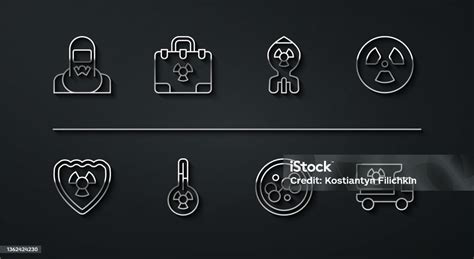 세트 라인 원자로 노동자 방패 분자 기상 온도계 방사선 핵 가방 방사선 물질과 폭탄 아이콘트럭에 방사성 벡터 가방에 대한 스톡 벡터 아트 및 기타 이미지 Istock