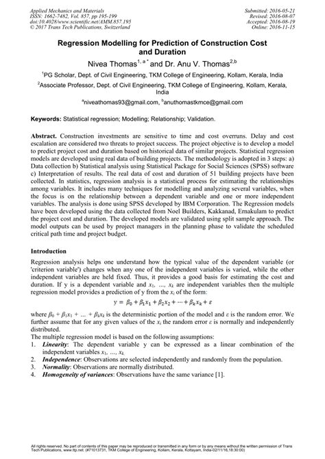 Pdf Regression Modelling For Prediction Of Construction Cost And Duration