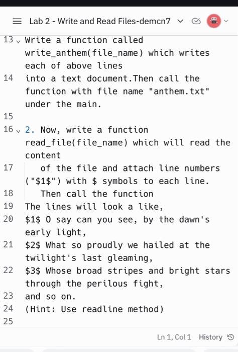 Solved 13 V Write A Function Called Writeanthemfilename