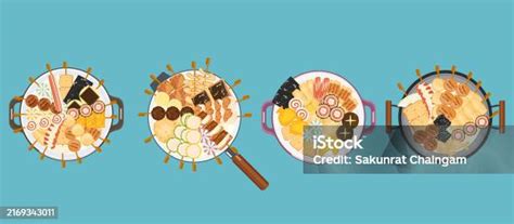 다양한 꼬치와 함께 제공되는 길거리 음식 야키토리의 일러스트 세트 아시안 패스트 푸드 레스토랑 오뎅 냄비 음식 메뉴 평면도 및 흰색 배경에 격리 된 재료 평면 디자인 요소