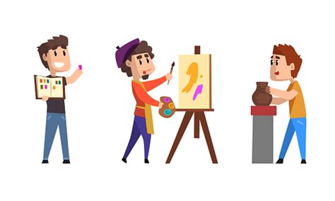남성 취미 또는 직업 세트 남자 필레이트리스트 세라미스트 아티스트 만화 벡터 일러스트레이션 공예에 대한 스톡 벡터 아트 및 기타