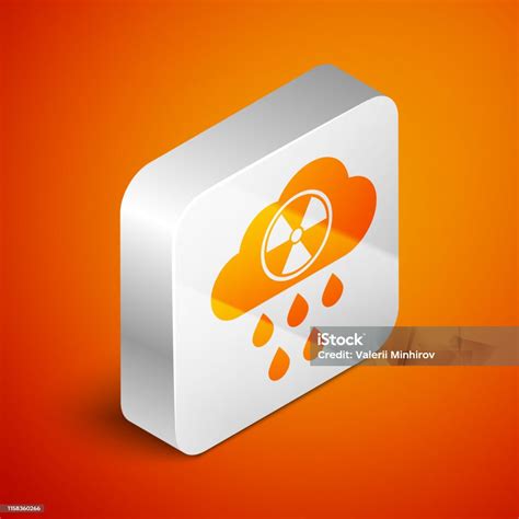 주황색 배경에 격리된 이소메트릭 산성 비와 방사성 구름 아이콘 환경에 대한 독성 대기 오염의 영향 실버 스퀘어 버튼 벡터 일러스트레이션 0명에 대한 스톡 벡터 아트 및 기타