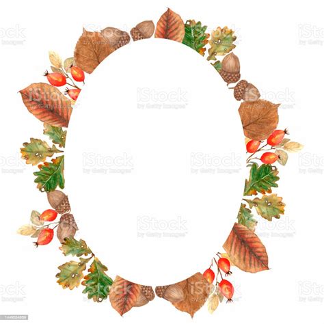 노란색과 녹색 단풍의 수채화 타원형 화환 초대장 광고 엽서 및 기타 프로젝트의 배경을 남깁니다 린든 및 텍스트를위한 공간이있는 디자인을위한 다른 잎 10월에 대한 스톡 벡터