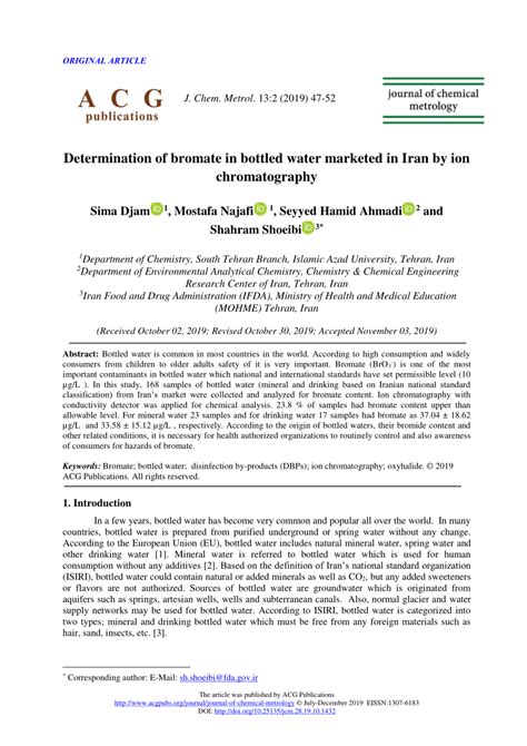 Pdf Determination Of Bromate In Bottled Water Marketed In Iran By Ion