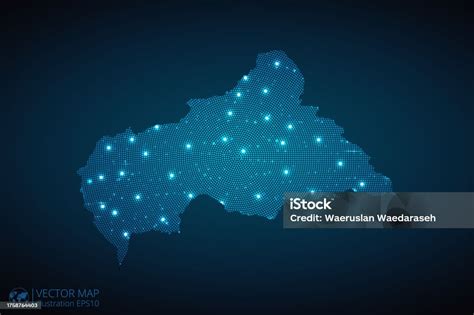 중앙 아프리카 공화국지도 미래 스타일에 방사형 점선 패턴 별들로 만든 디자인 파란색 원 빛나는 윤곽선 진한 파란색 배경에 대한 의사 소통의 개념 0명에 대한 스톡 벡터 아트