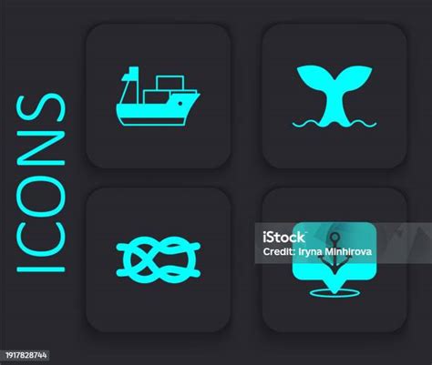 닻 화물선 고래 꼬리 및 항해 밧줄 매듭 아이콘을 설정합니다 검은색 사각형 버튼입니다 벡터 검은색에 대한 스톡 벡터 아트 및 기타 이미지 Istock